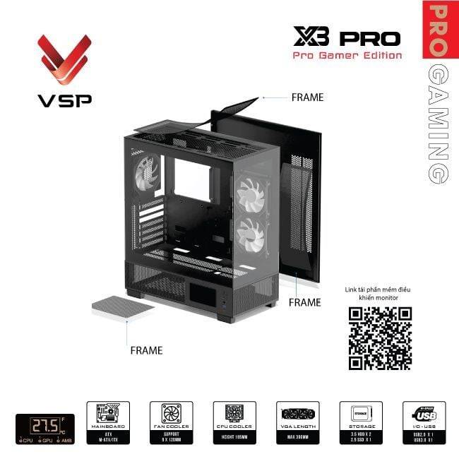 Thùng máy VSP X3 Pro Gamer Edition Monitor - Đen, không kèm fan