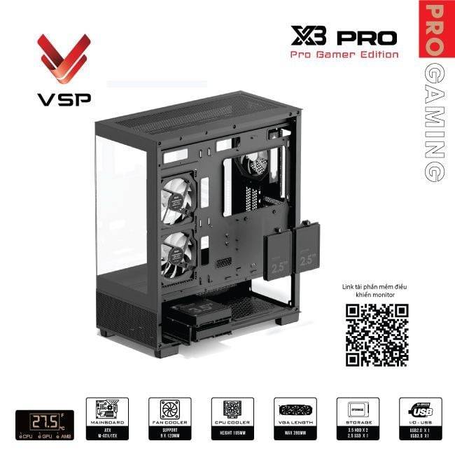 Thùng máy VSP X3 Pro Gamer Edition Monitor - Đen, không kèm fan